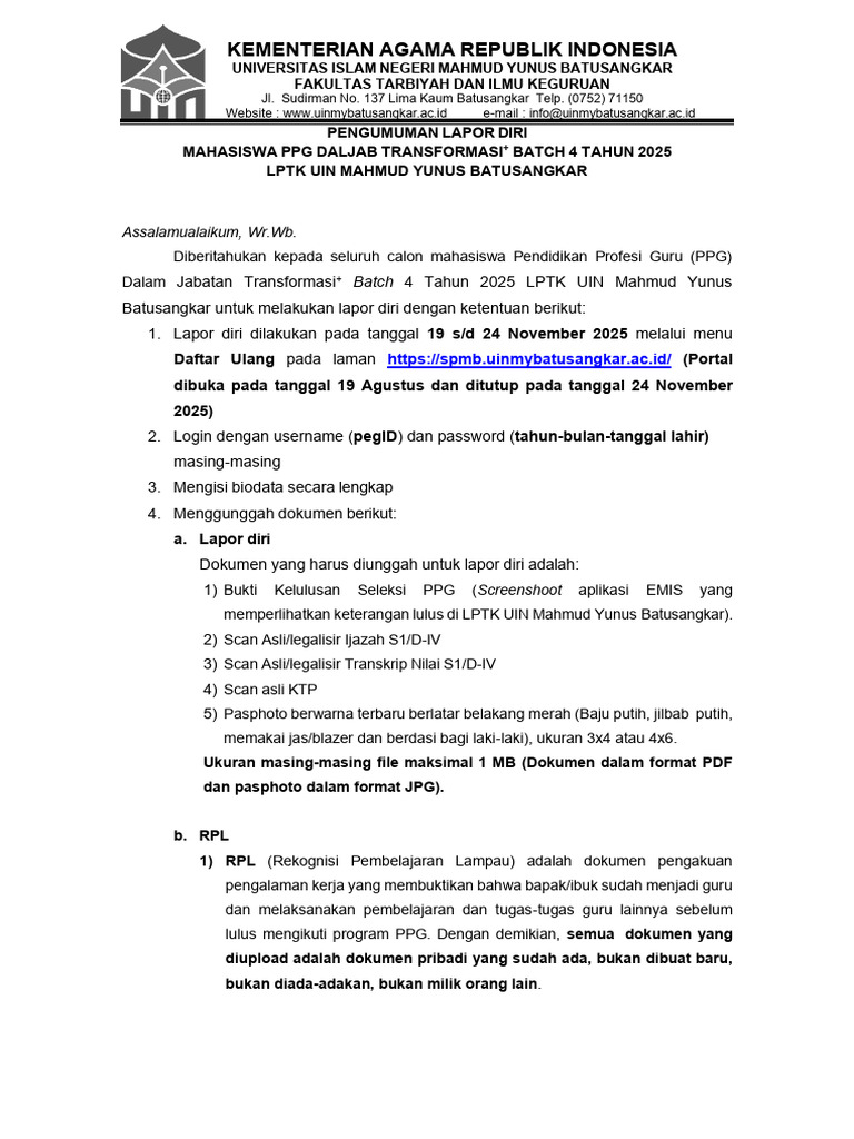 Lapor Diri PPG Daljab Transformasi+ 2025 | PDF