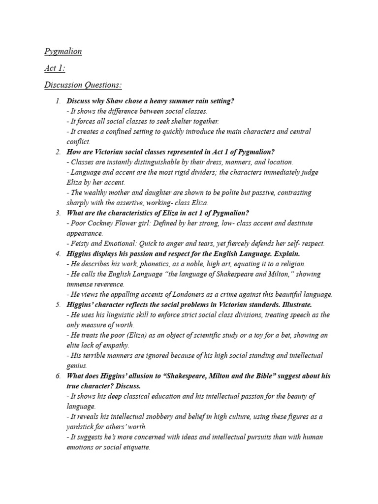 Pygmalion Questions Key Points Acts 1,2,3 | PDF | Pygmalion (Play)