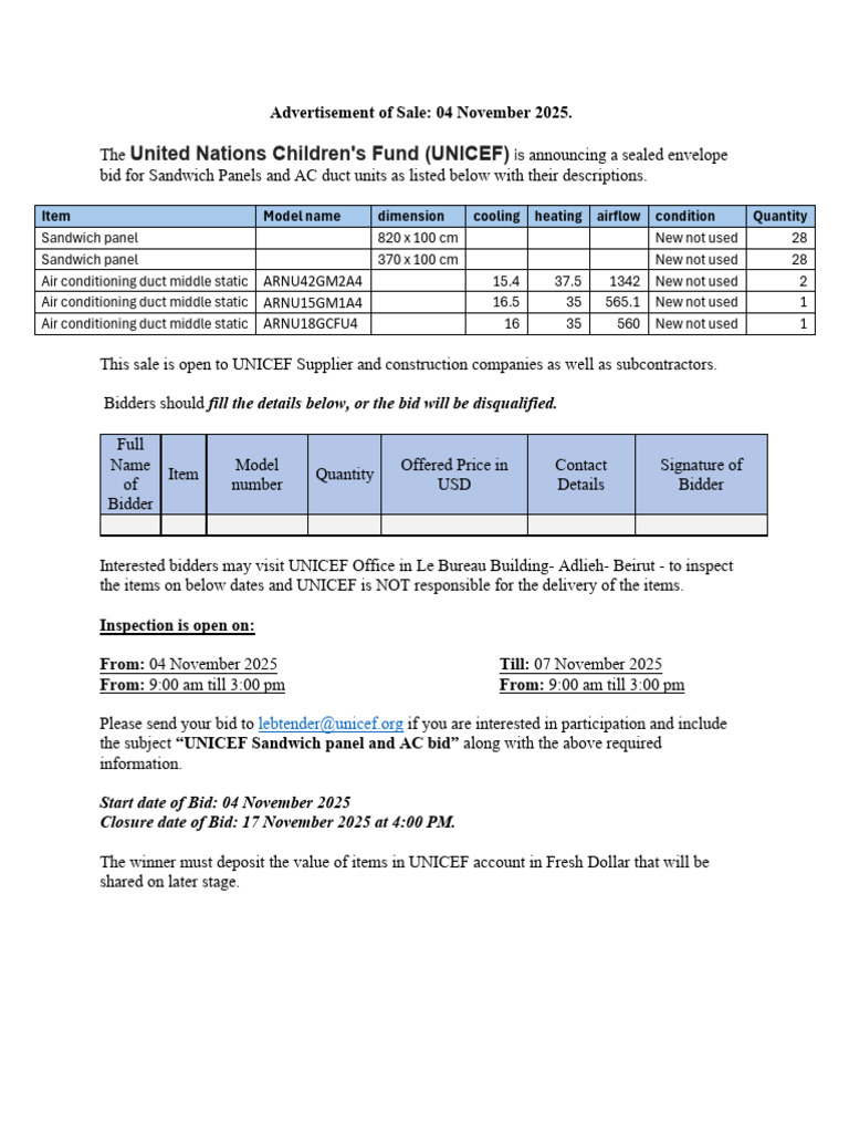 UNICEF Sale Advert of Sandwich Panel and ACs | PDF