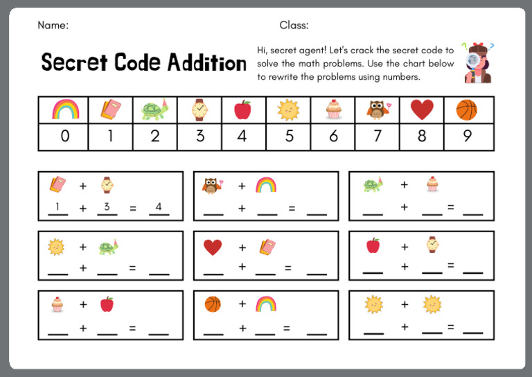 Secret Code Addition Math Worksheet in Grey Colorful Illustrative | PDF