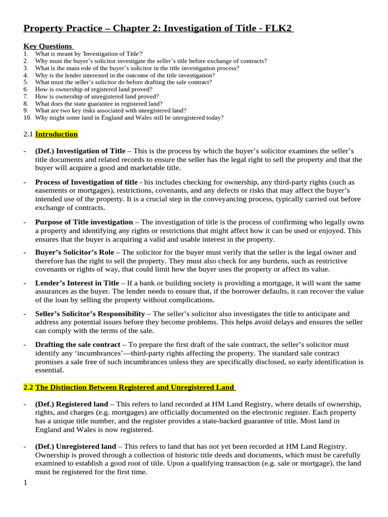 Property Practice - Chapter 2 - Investigation of Title - FLK2 | PDF ...