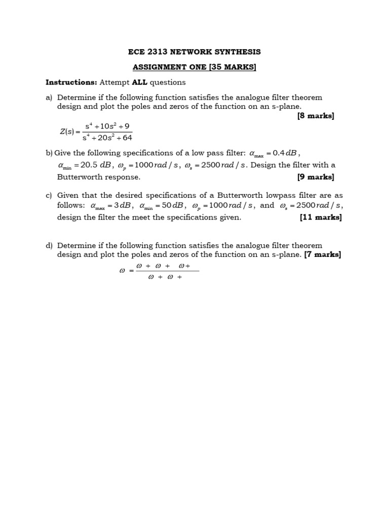Ece 2313 Network Synthesis - Assignment I | PDF