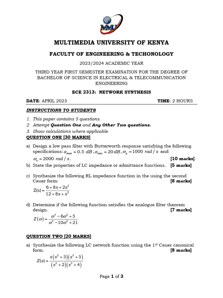 Ece 2213 Network Synthesis - Exam - Apr 2024 | PDF | Electronic ...