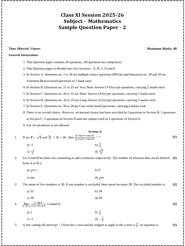 Class XI Session 2025-26 Subject - Mathematics Sample Question Paper ...