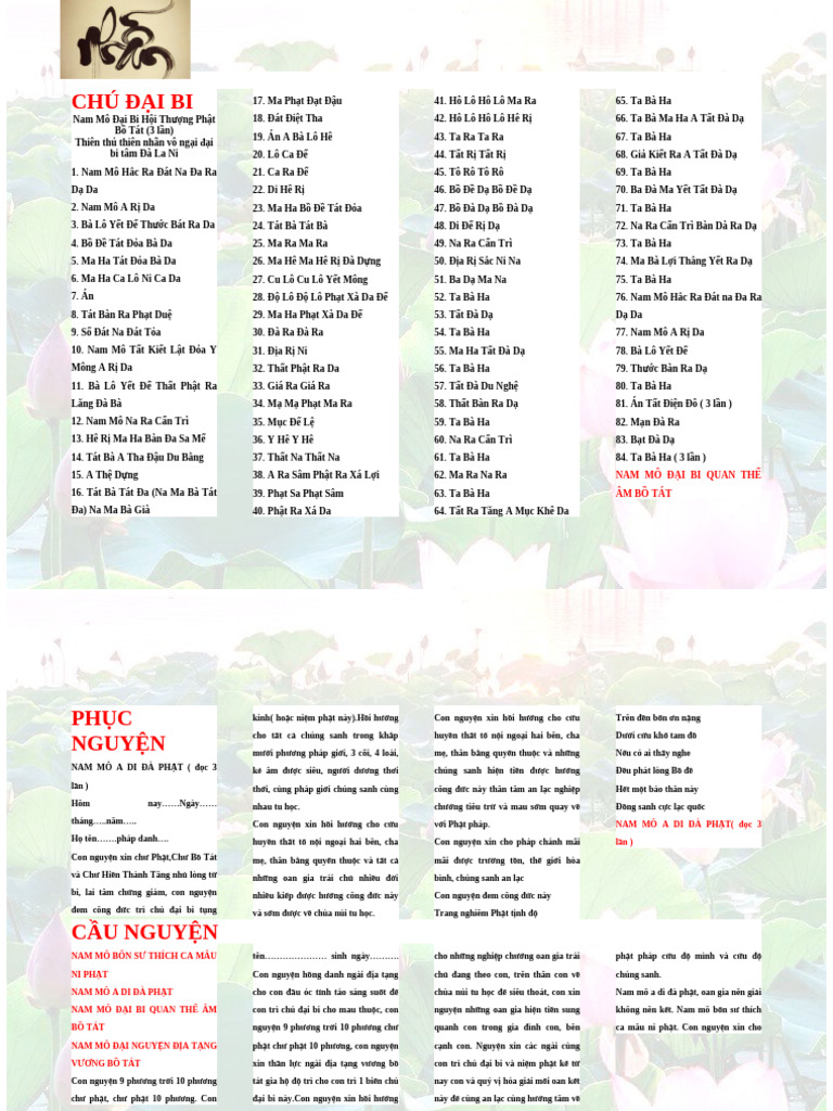 Chú Đại Bi: Nam Mô Đại Bi Quan Thế Âm Bồ Tát | PDF