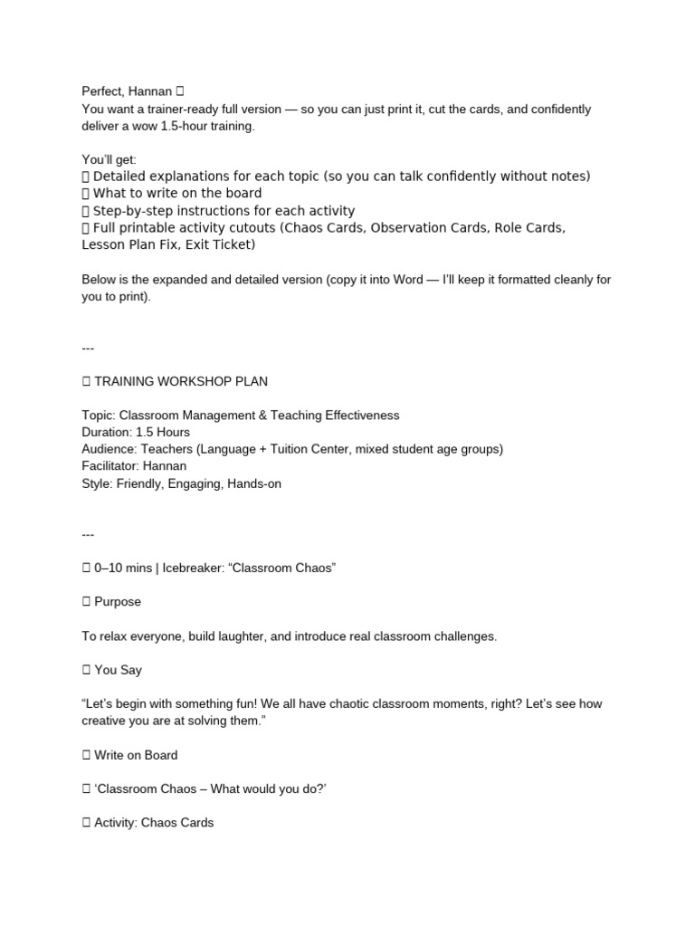 Workshop Management | PDF | Lesson Plan | Classroom Management