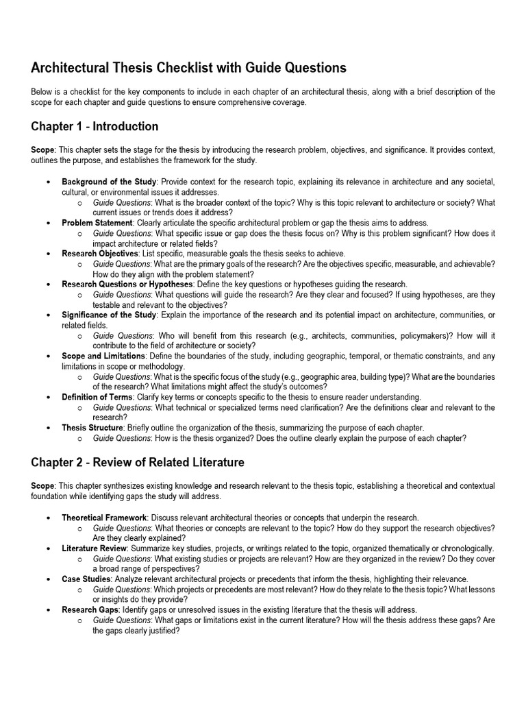 Architectural Thesis Checklist Guide | PDF | Methodology | Data