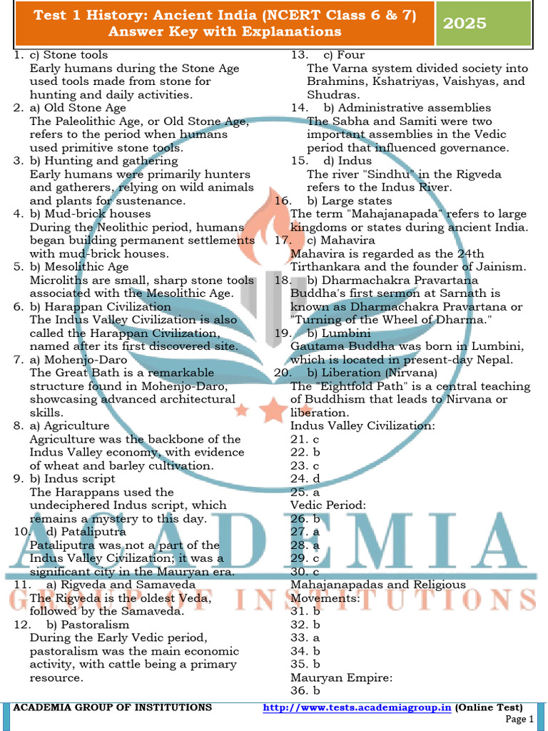 Test 1 History Ancient India NCERT Class 6 & 7 Solution | PDF ...