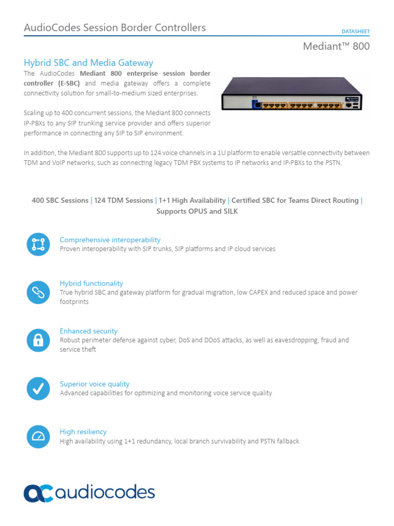 Mediant 800 Hybrid e SBC and Media Gateway Datasheet | PDF | Session ...