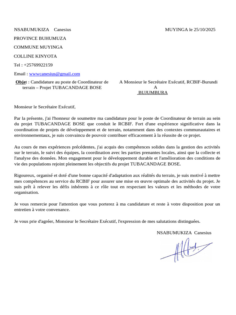 Candidature Coordinateur Terrain RCBIF | PDF