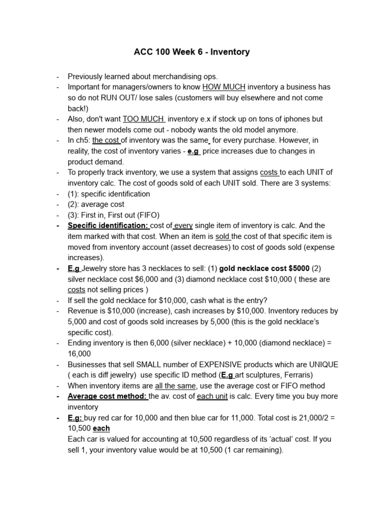 ACC 100 Lecture 6 Notes | PDF | Inventory | Cost Of Goods Sold