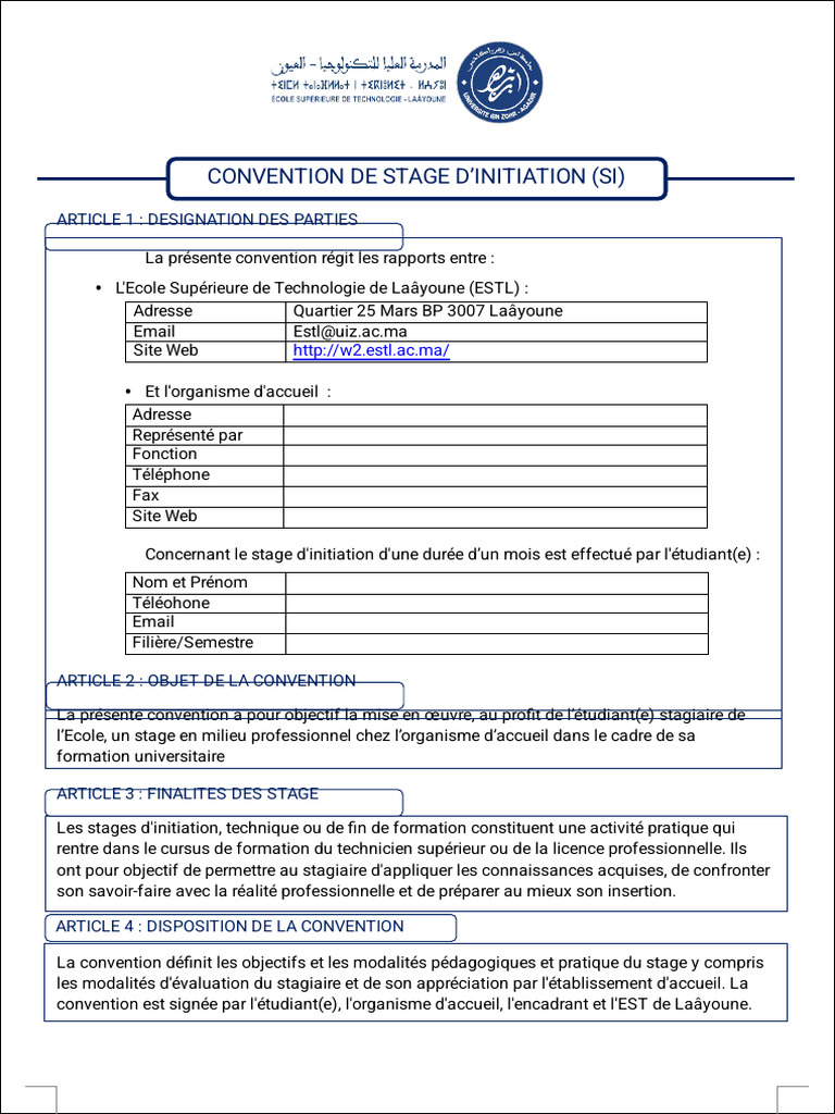 Convention de Stage d'Initiation ESTL | PDF