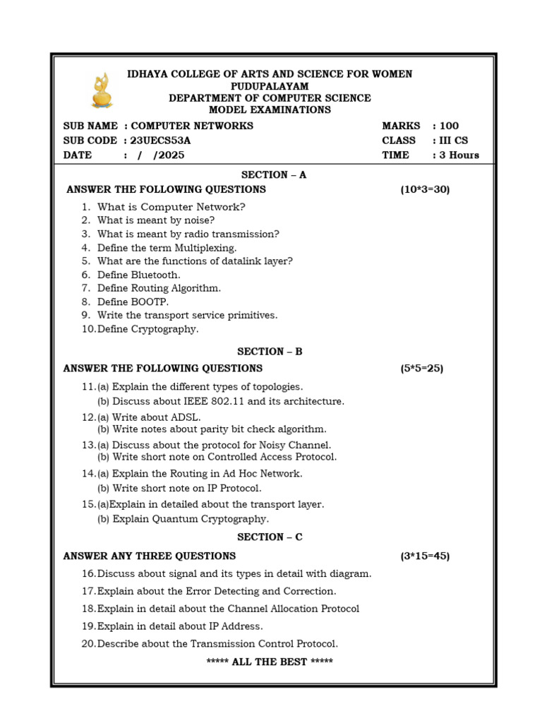 Computer Network Model Exam Question | PDF