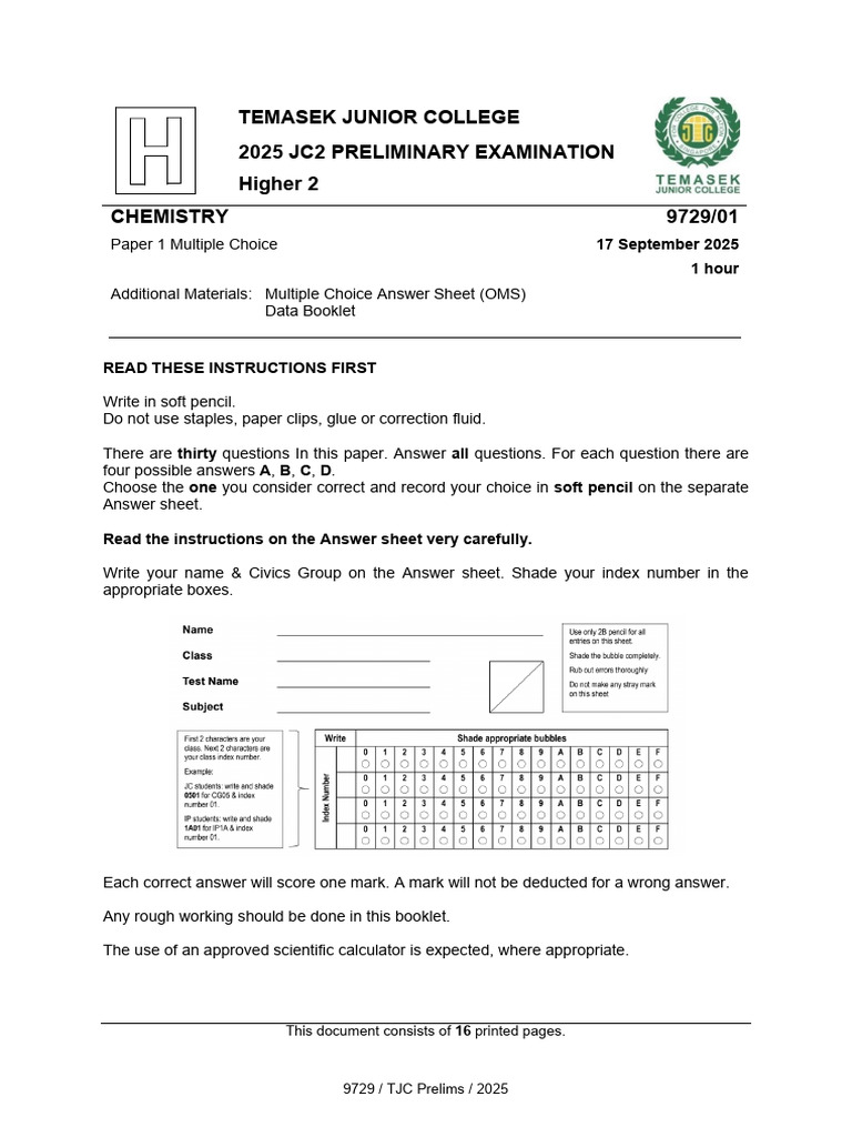 2025 JC2 Prelims H2 Chem Paper 1 QP - TJC | PDF | Solubility | Oxide