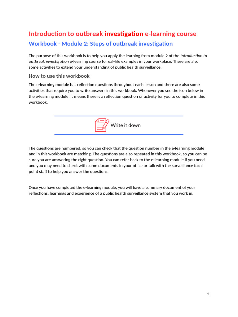 Final Workbook - Module 2 - Introduction To Outbreak Investigation ...
