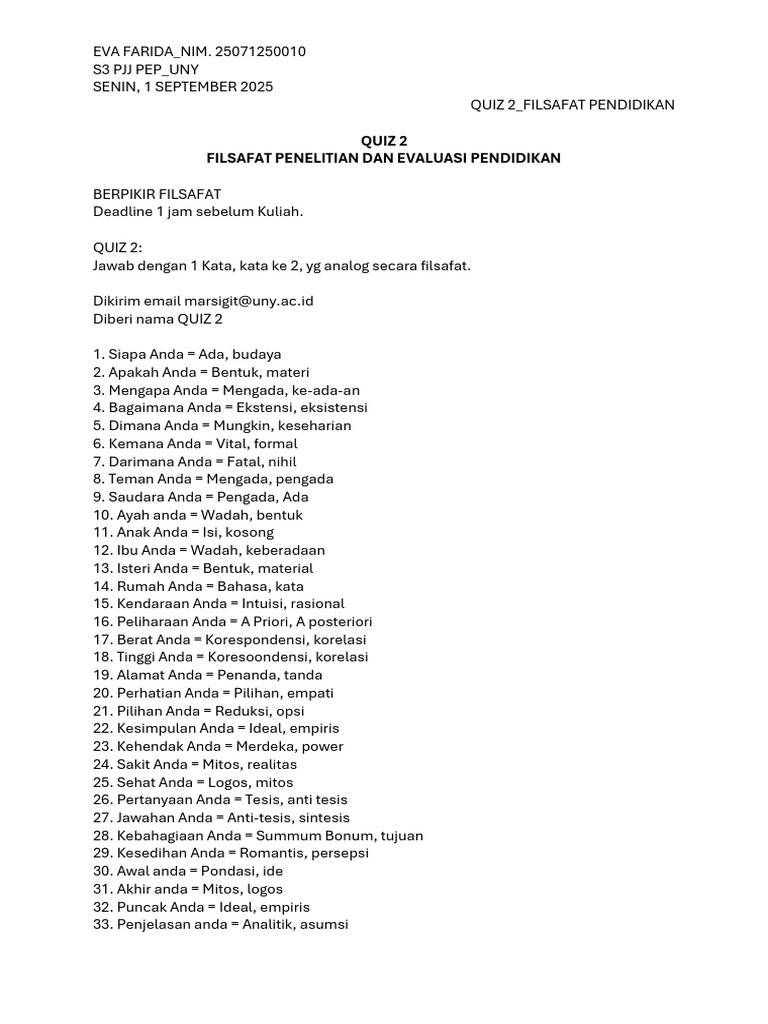 Quiz 2 Filsafat Pendidikan Eva Farida s3 Pjj Pep 25071250010 01-09-2025 | PDF