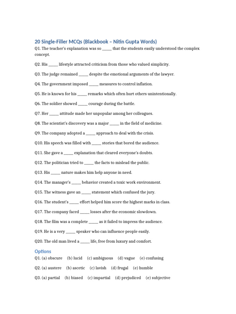 Blackbook Single Filler MCQ With Options | PDF