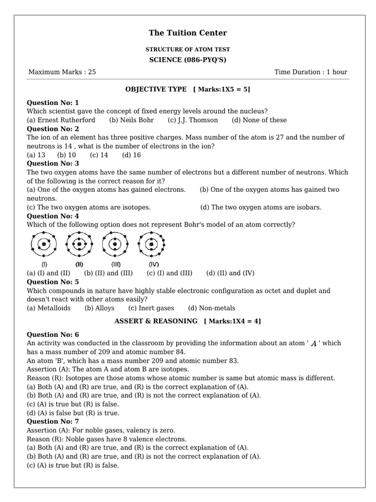Atom Structure Test Questions | PDF | Atoms | Isotope