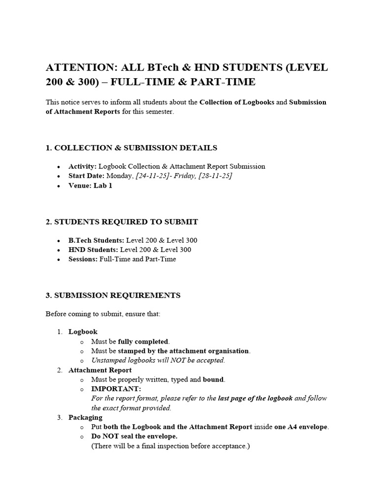 Logbook Submission Details for BTech & HND | PDF