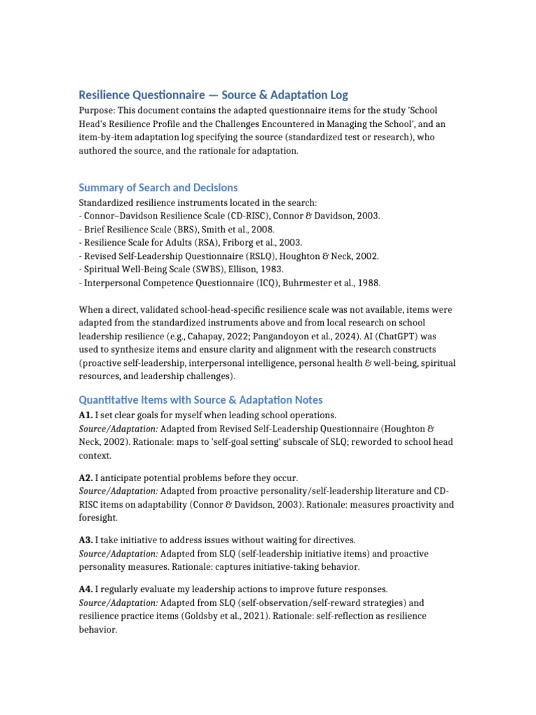 Resilience Questionnaire Adaptation Log | PDF | Psychological ...