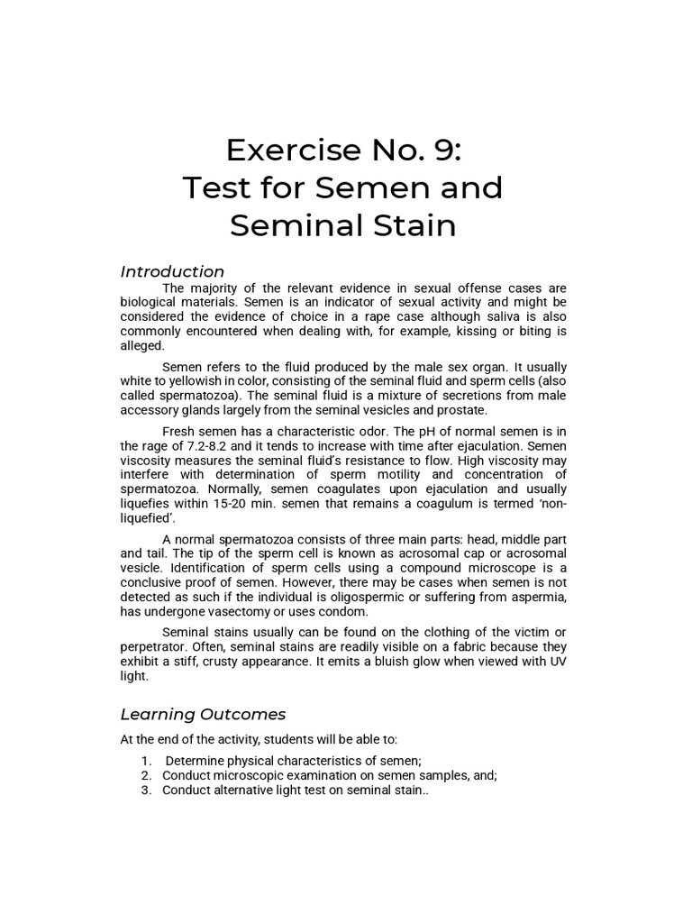 Exercise No. 6 Test for Semen and Seminal Stain | PDF | Semen | Male ...
