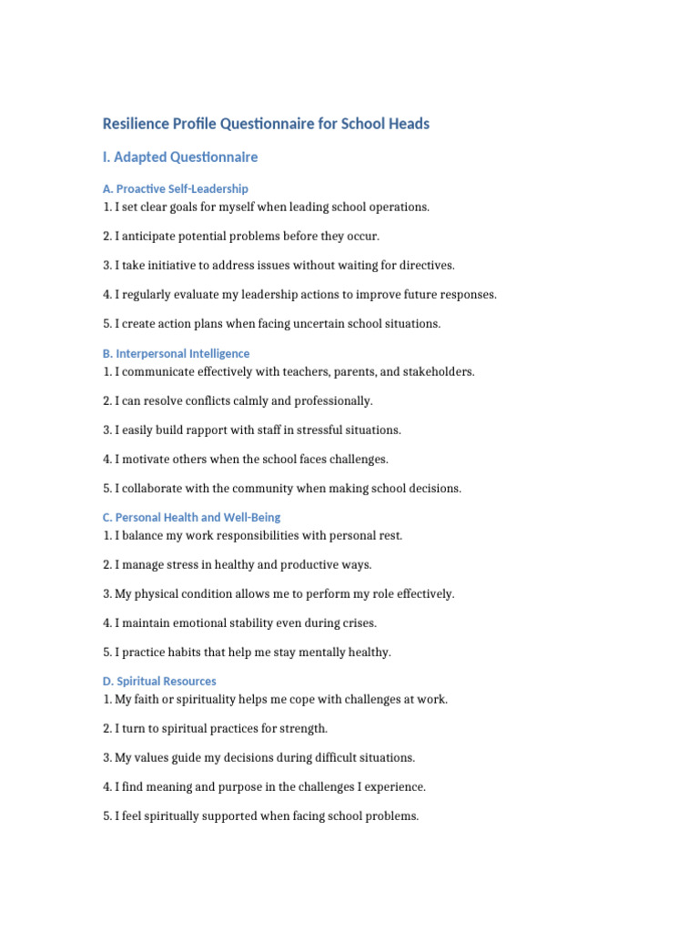 Resilience Questionnaire for School Leaders | PDF | Psychological ...