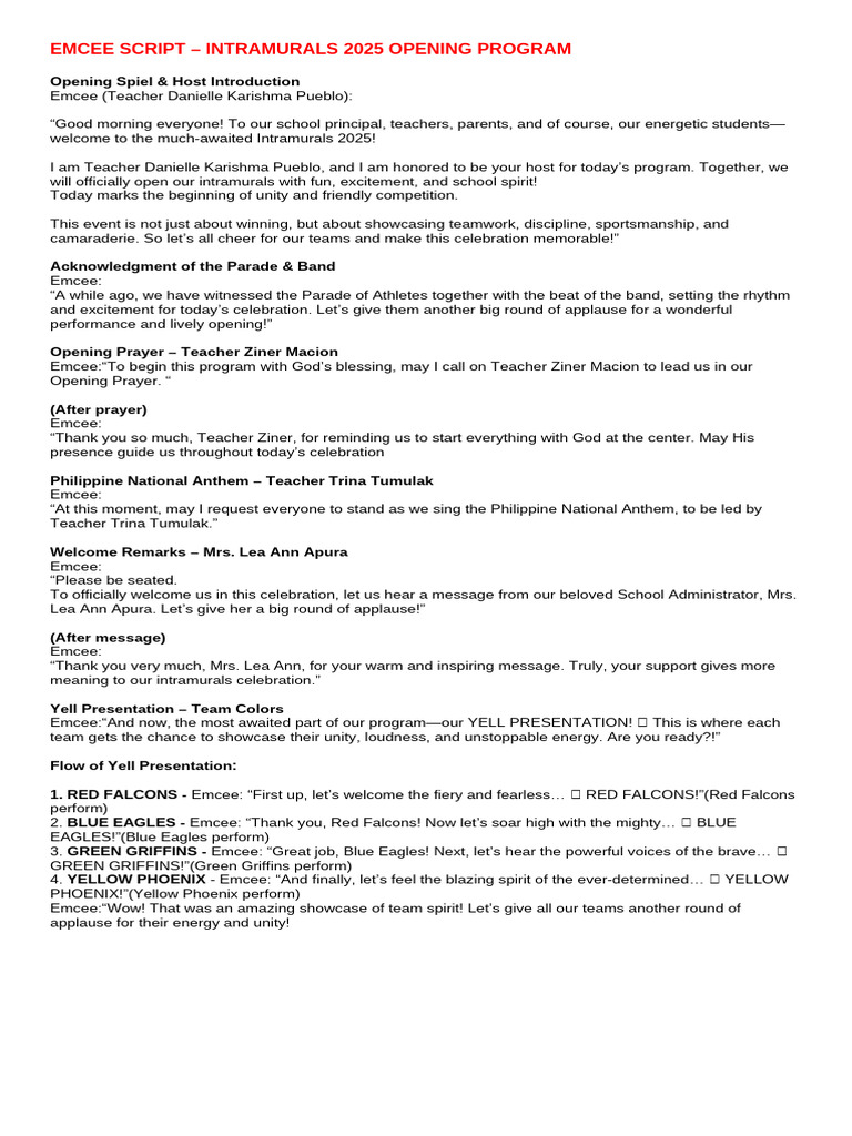 Emcee Script - Intramurals 2025 Opening Program | PDF