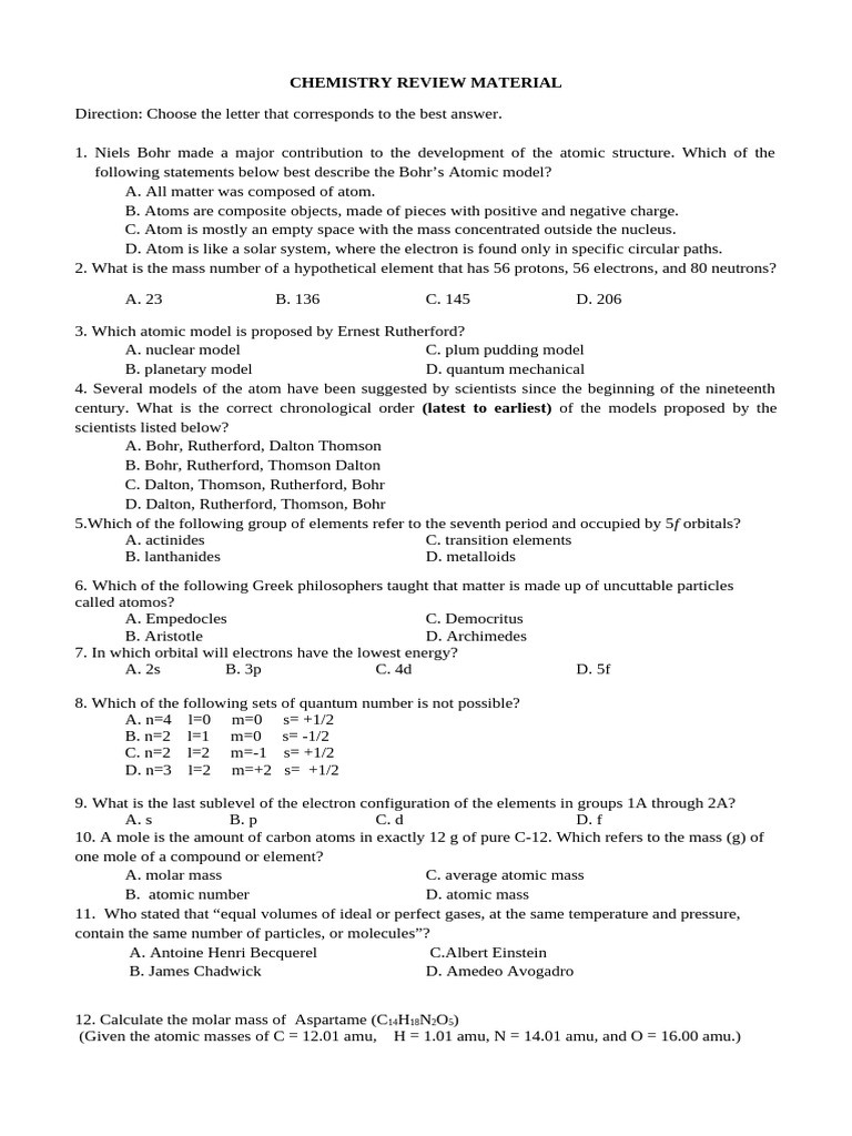 Chemistry Review Material | PDF | Mole (Unit) | Atoms
