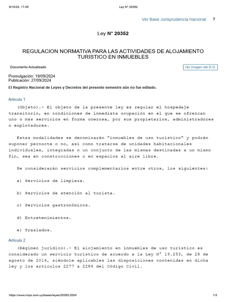 LEY-N°-20.352-PROM.-19.09.2024-D.O.-29.09.2024-ALOJAMIENTO-CON-FINES-TURISTICOS-1 | PDF ...