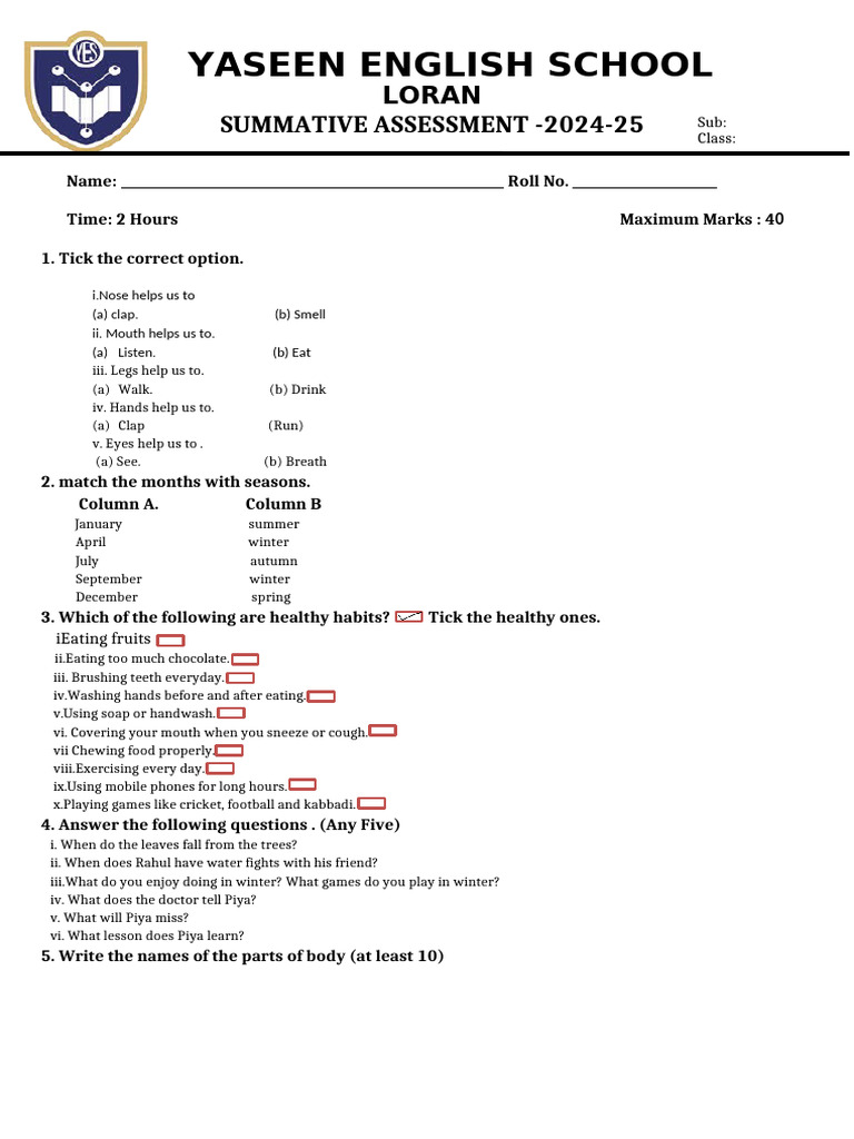 Summative Assessment 1st English | PDF