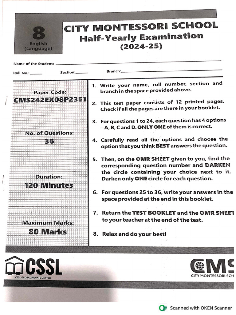 Class 8 Half Yearly Exam Paper (2024-25) | PDF