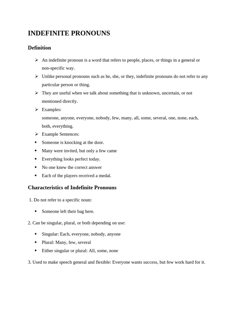Indefinite Pronouns | PDF | Grammatical Number | Pronoun