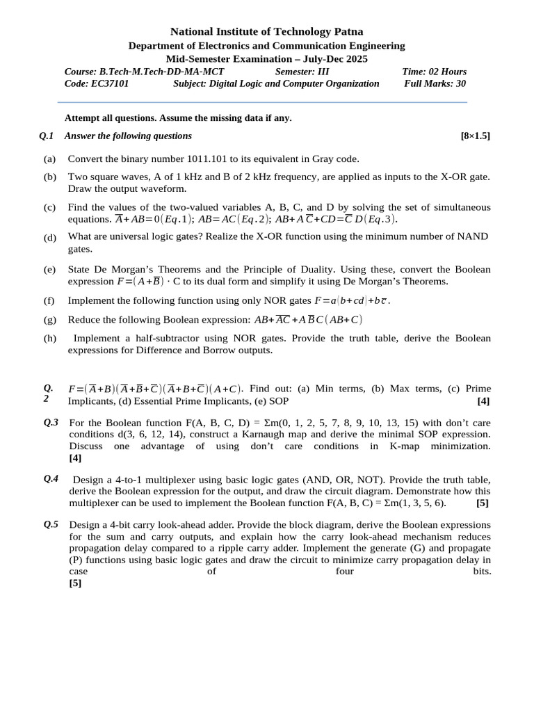Mid Sem Q Digital Logic | PDF | Mathematical Logic | Mathematics