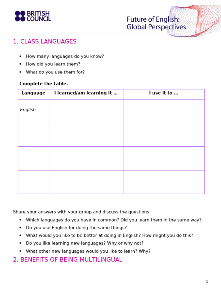 Benefits of Being Multilingual Student Worksheet | PDF ...