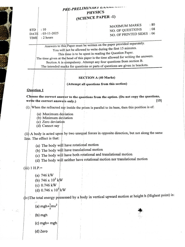 Physics Pre Preliminary Paper | PDF