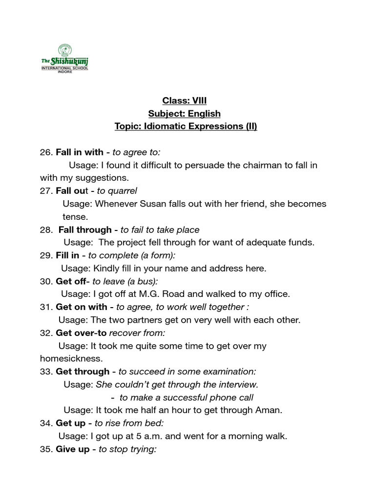 Idiomatic Expressions for Class VIII | PDF