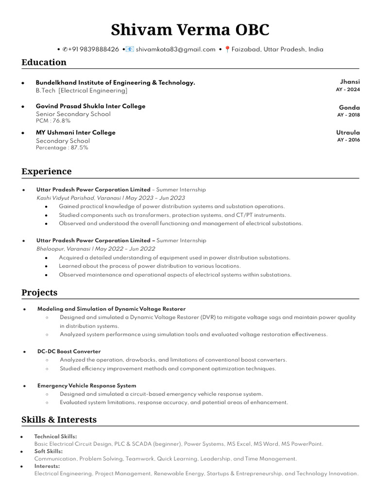 Resume Shivam 2025 | PDF | Electric Power Distribution | Engineering