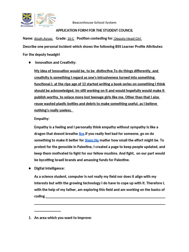 Student Council Application: Deputy Head Girl | PDF | Psychology ...