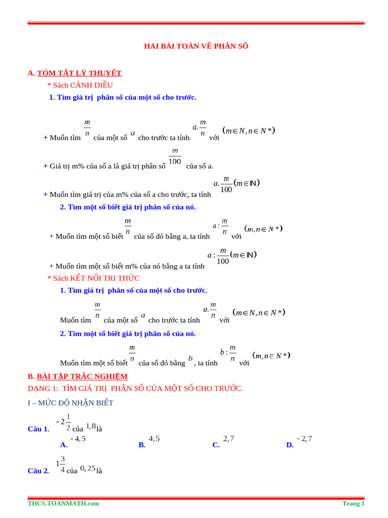 Tom Tat Ly Thuyet Va Bai Tap Trac Nghiem Hai Bai Toan Ve Phan So | PDF