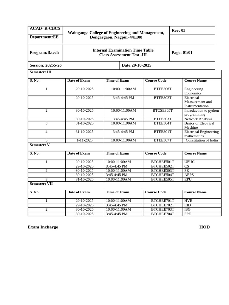 Class Test 3 Time Table | PDF | Engineering