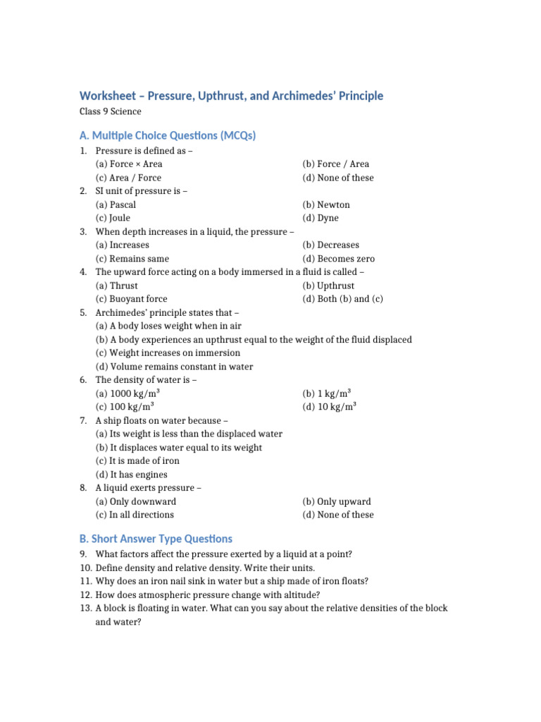 Pressure and Archimedes' Principle Worksheet | PDF | Buoyancy | Pressure