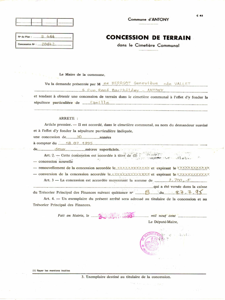 1995-07-27 Concession Tombe Papi Mami Antony - Renouvlt 11-2025 | PDF