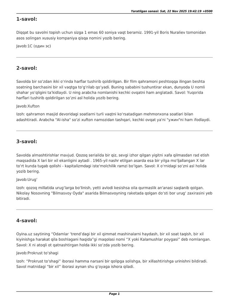 Intellektual Marafon 12-Tur Kronos Jamoasi Navbatchiligi (02.11.2025) | PDF