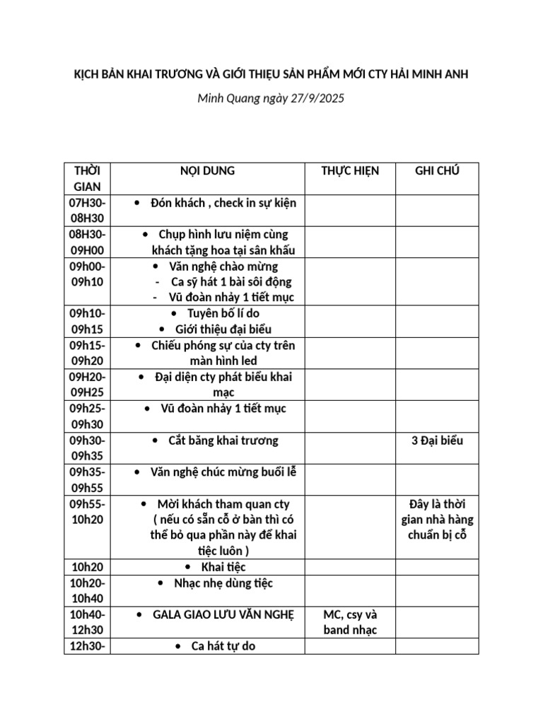 Kịch Bản Khai Trương Và Giới Thiệu Sản Phẩm Mới Cty Hải Minh Anh (1) | PDF