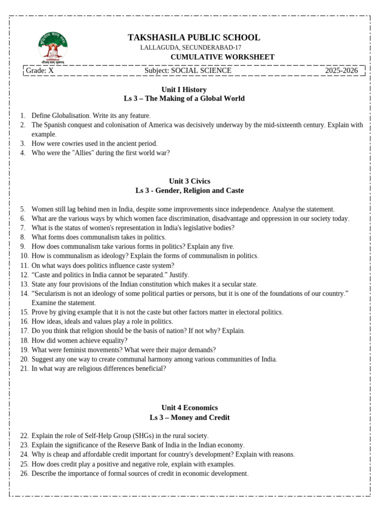 Grade X Social Science Cumulative Worksheet | PDF | Caste | Money