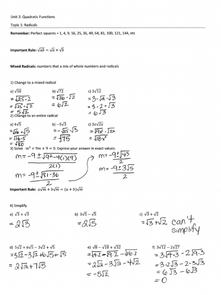 Unit 3 - Quadratics Student Notes Filled in | PDF