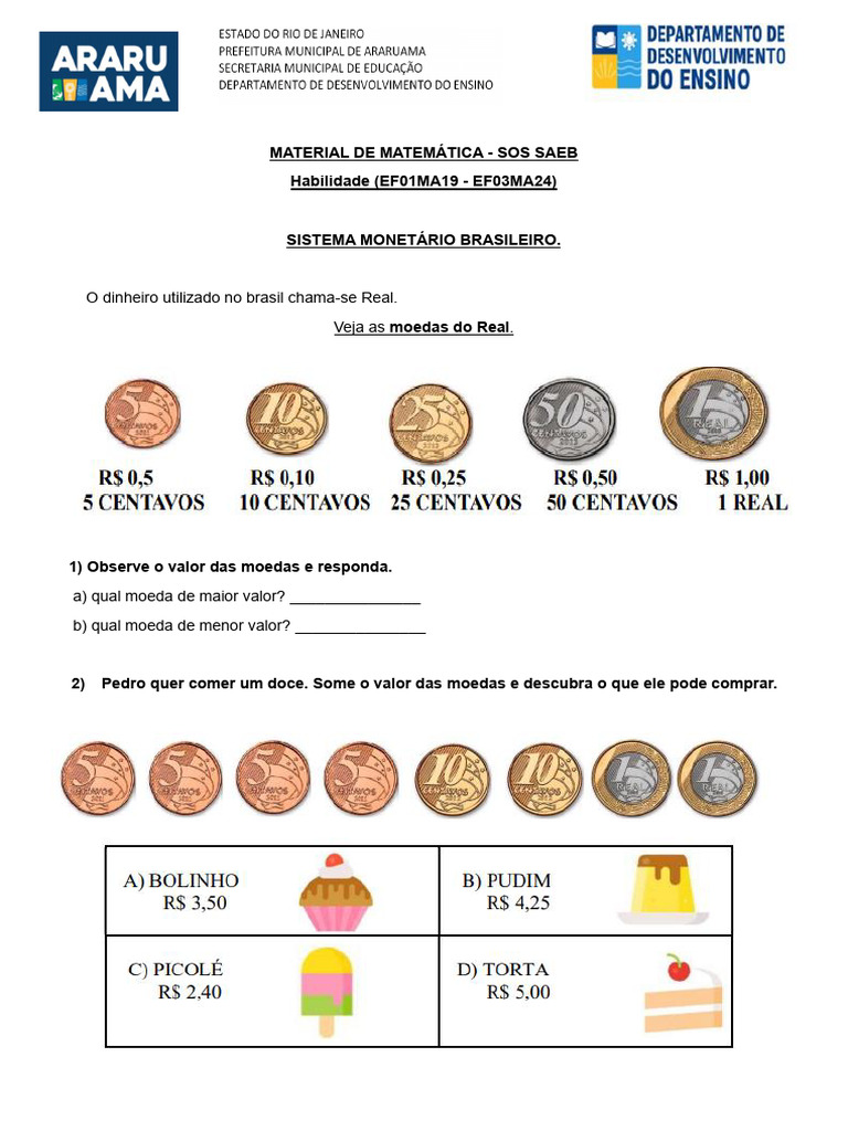 1º SOS Saeb - 5º Ano(Sistema Monetário) | PDF | Moeda | Business