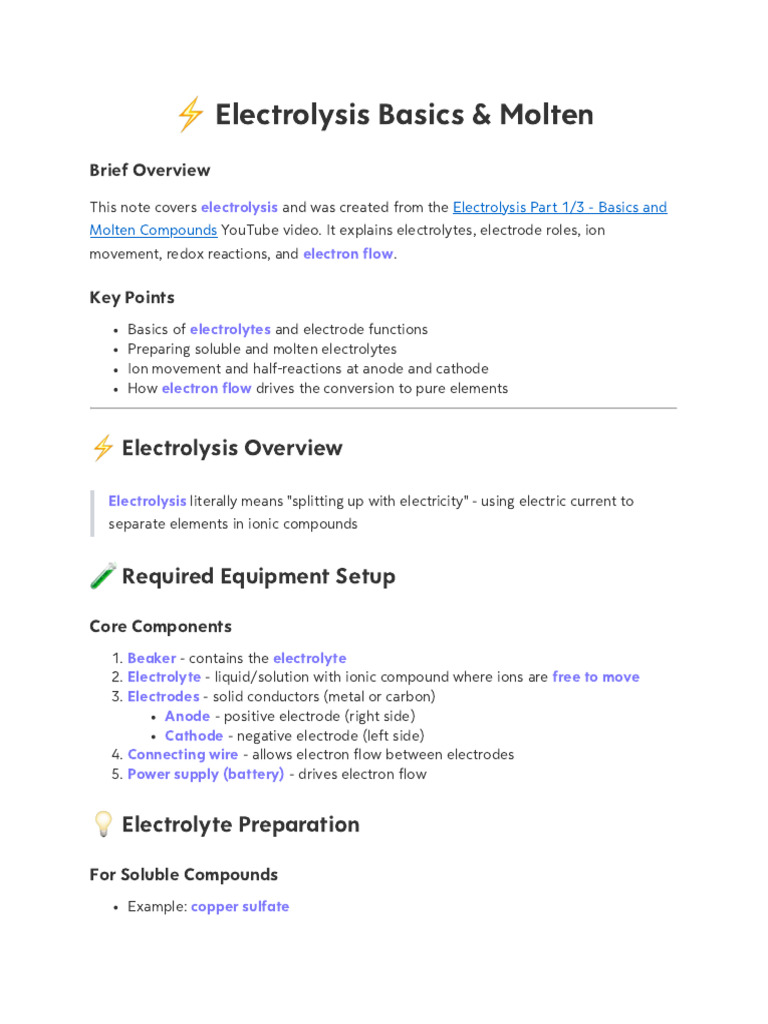 Electrolysis: Basics & Molten Compounds | PDF | Redox | Anode