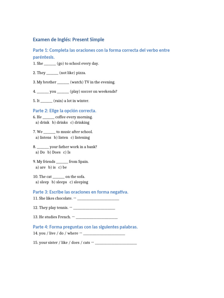 Examen Present Simple | PDF