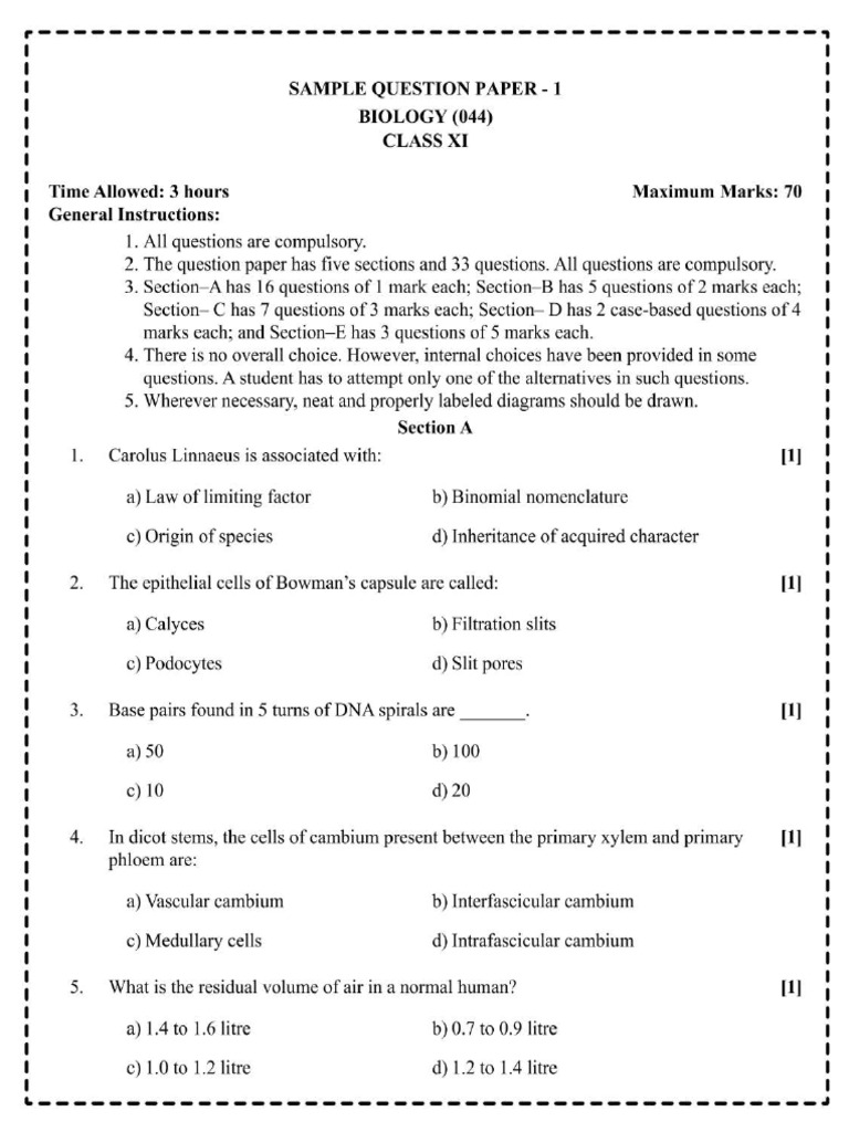 Biology Sample Paper1 Class 11 | PDF